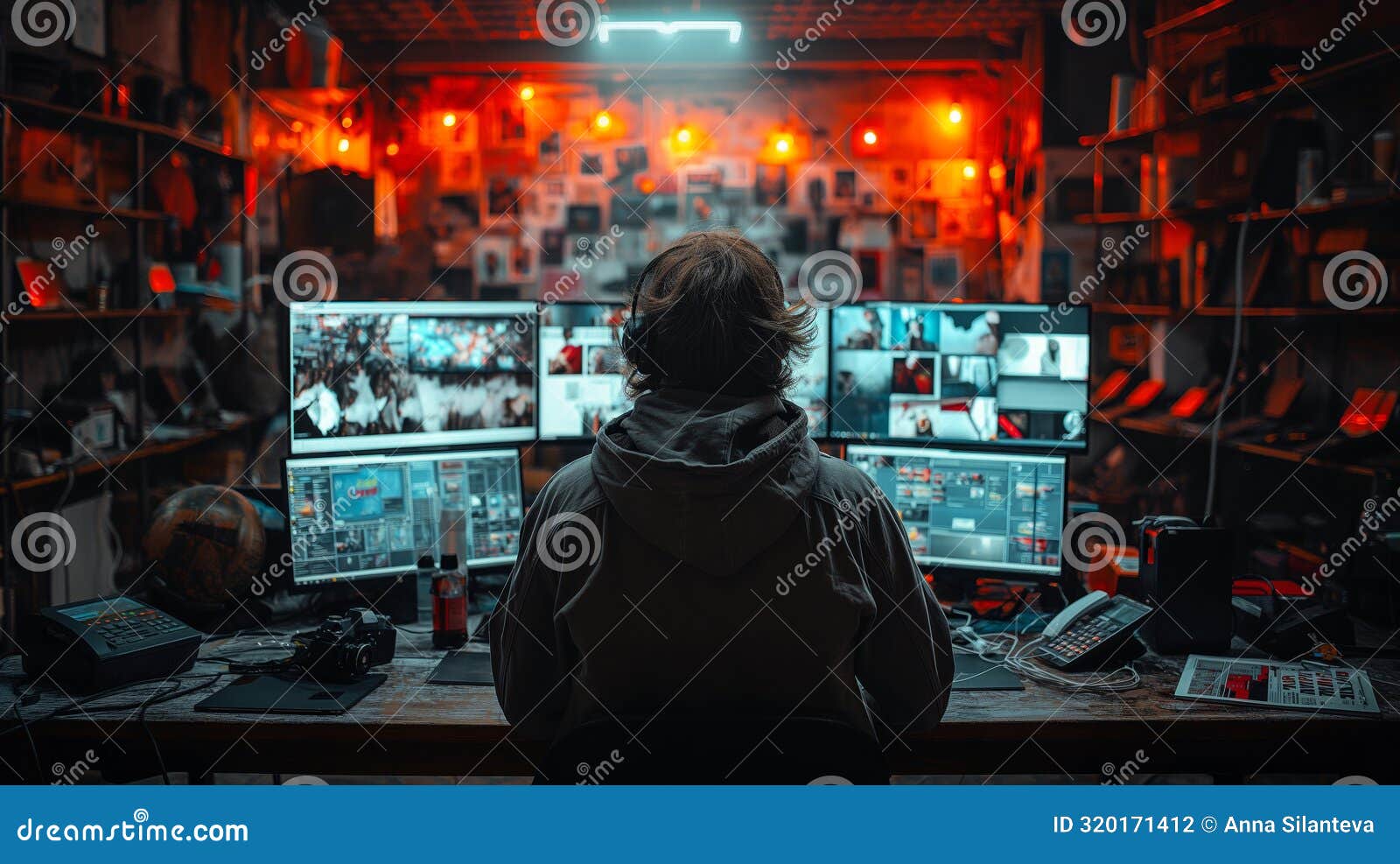 Omputer Burglar Hacker Sits in a Room among Computers and Wires at Work ...