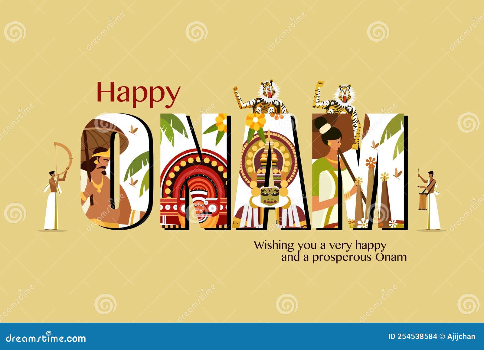 Festival Greeting for `Onam` with King Mahabali and Traditional Art ...