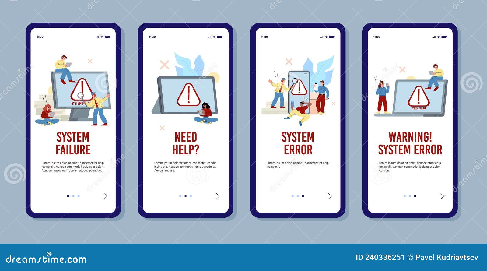 Onboarding App Pages Warning of Operating System Error, Flat Vector ...