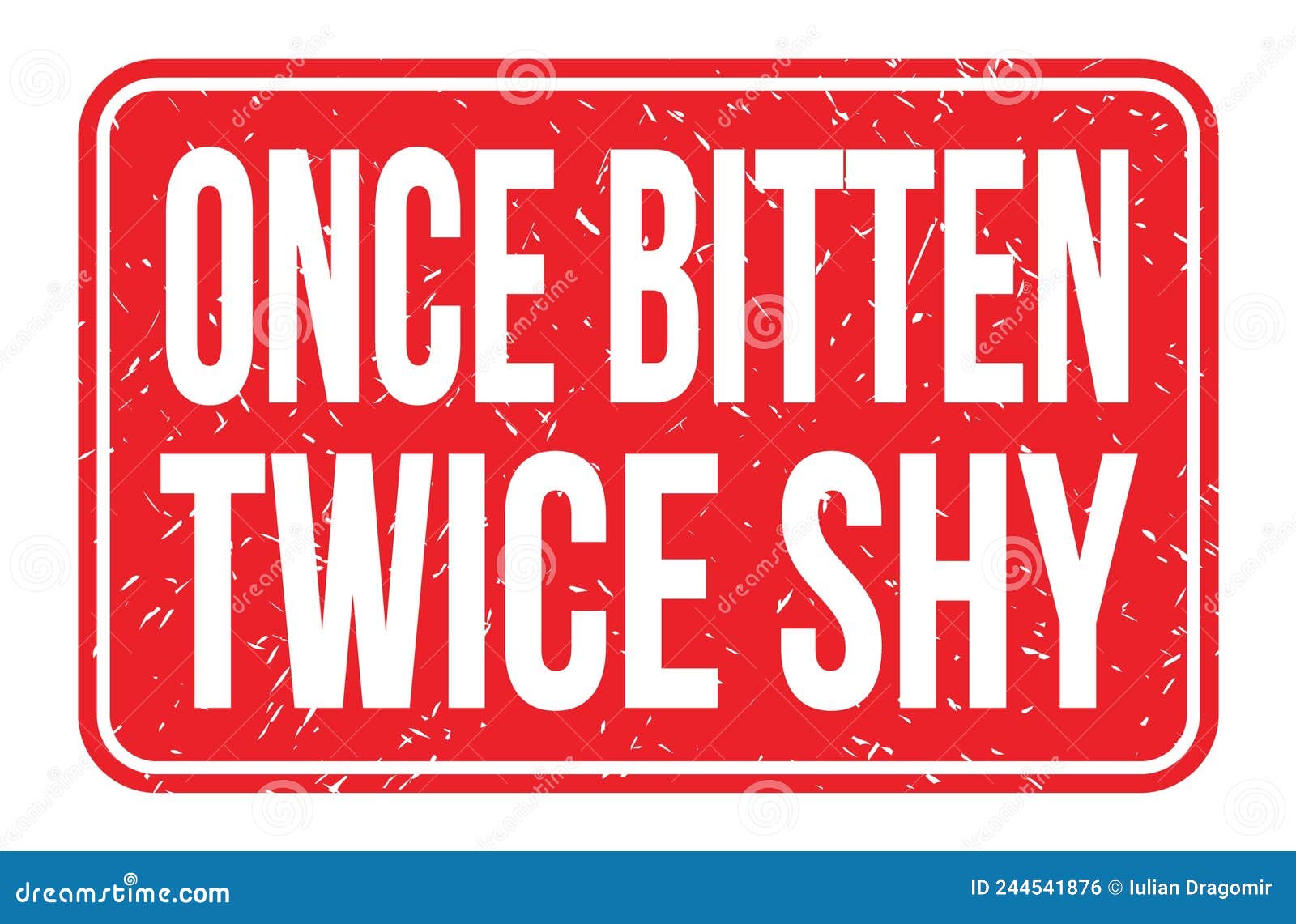 ONCE BITTEN TWICE SHY, Words on Red Rectangle Stamp Sign Stock ...