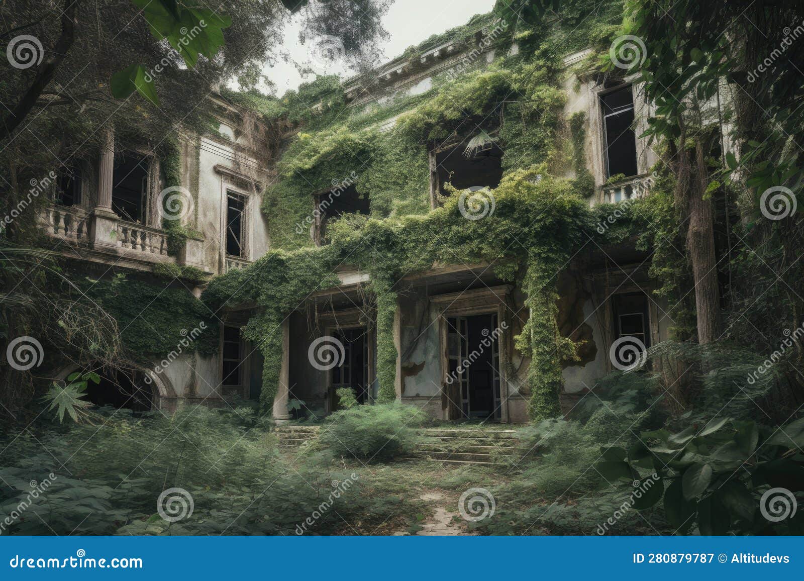 A Once-grand Mansion, Now Broken and Overgrown with Vines Stock ...