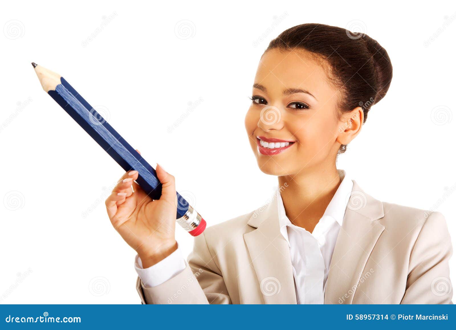 Onderneemster Die Met Groot Potlood Benadrukken Stock Foto - Image of ...