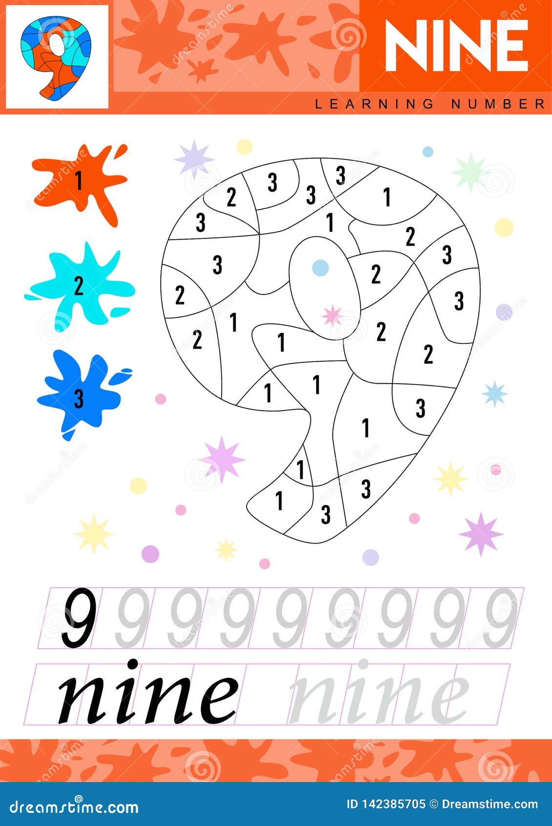 Learn Numbers 9. Nine. Kids Learn To Count Worksheet. Children ...