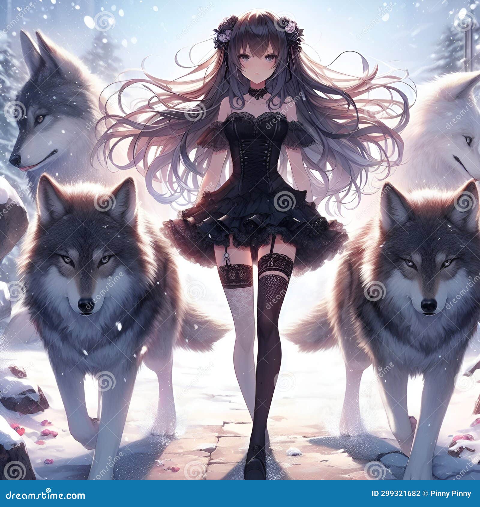 One Anime Girl In Short Black Dress And Stockings With The Wolves