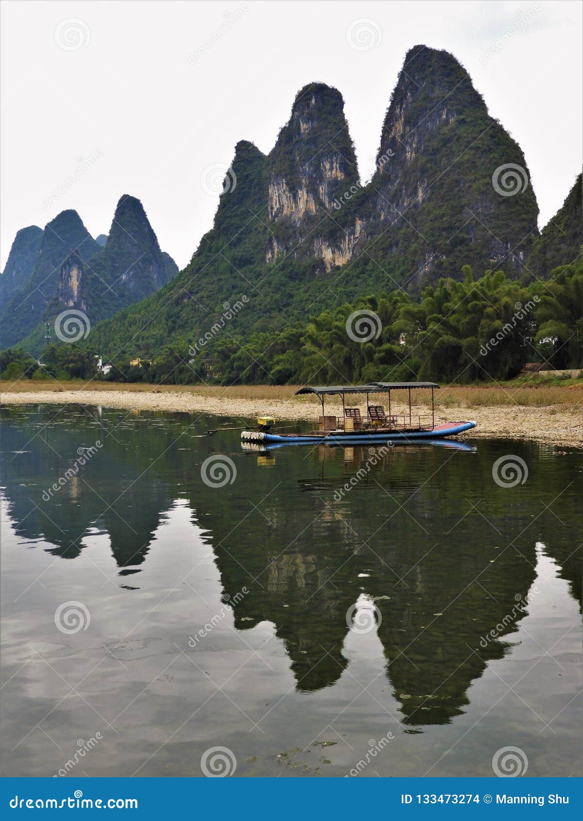 Bamboo Raft at Base of Mountains in Guilin China Stock Photo - Image of ...