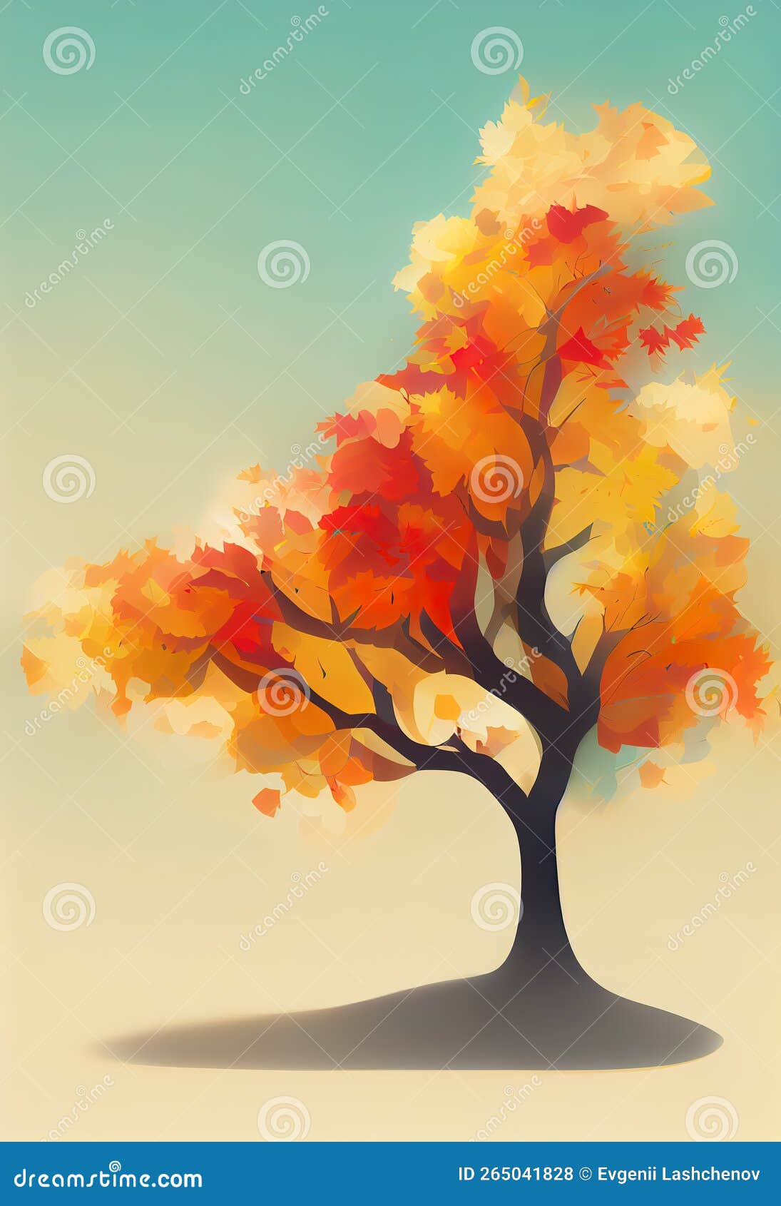 One Beautiful Autumn Tree Gradient Background Flat Picture Digital Illustration Based On
