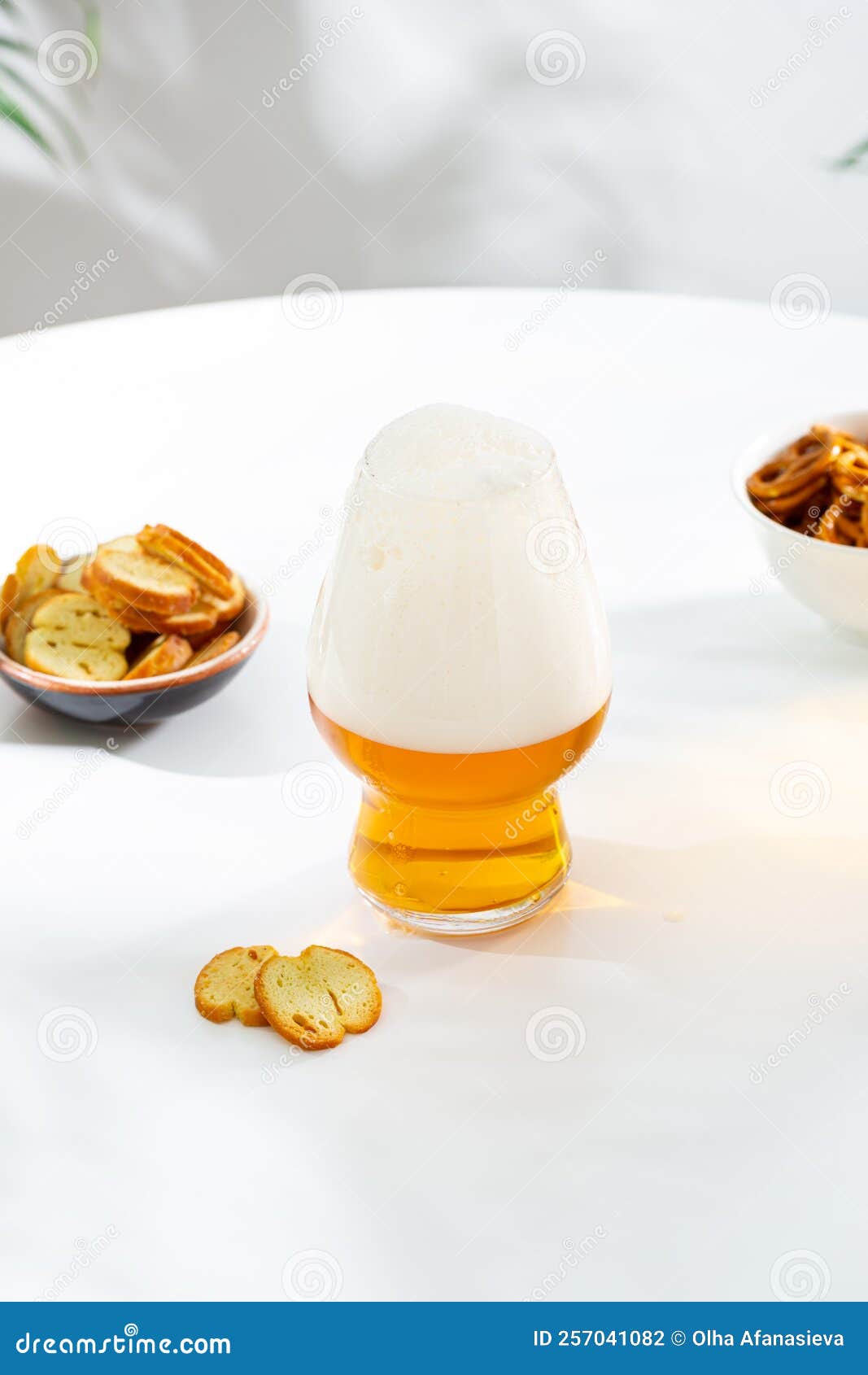 One Beer in Glass with Foam Snack Light Surface Copy Space Food Stock ...