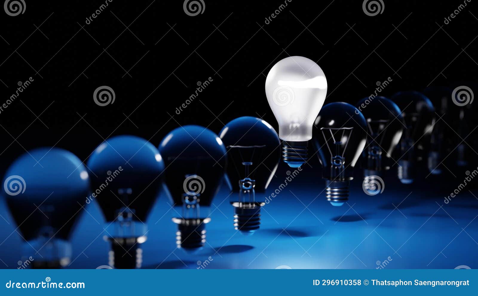 One Being on Light Bulb Illuminate in Rows of Darkened Incandescent ...