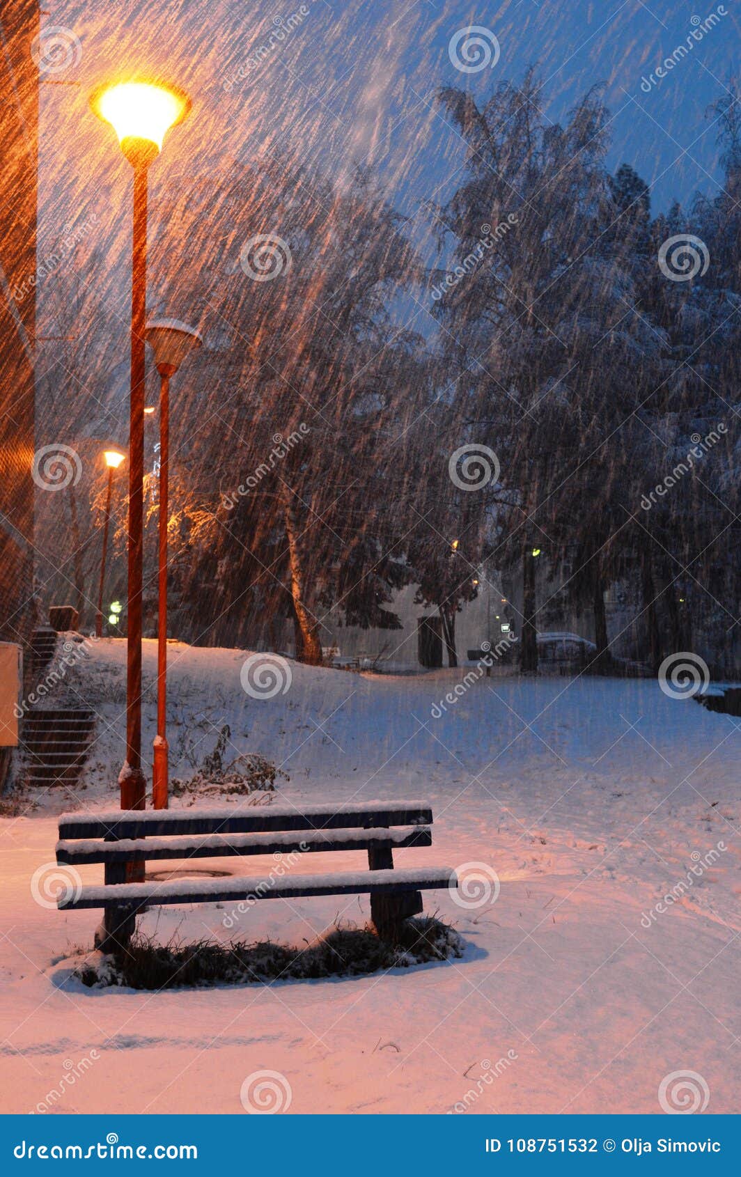 Bench Under the Lamp in the Winter Night Stock Photo - Image of snow ...