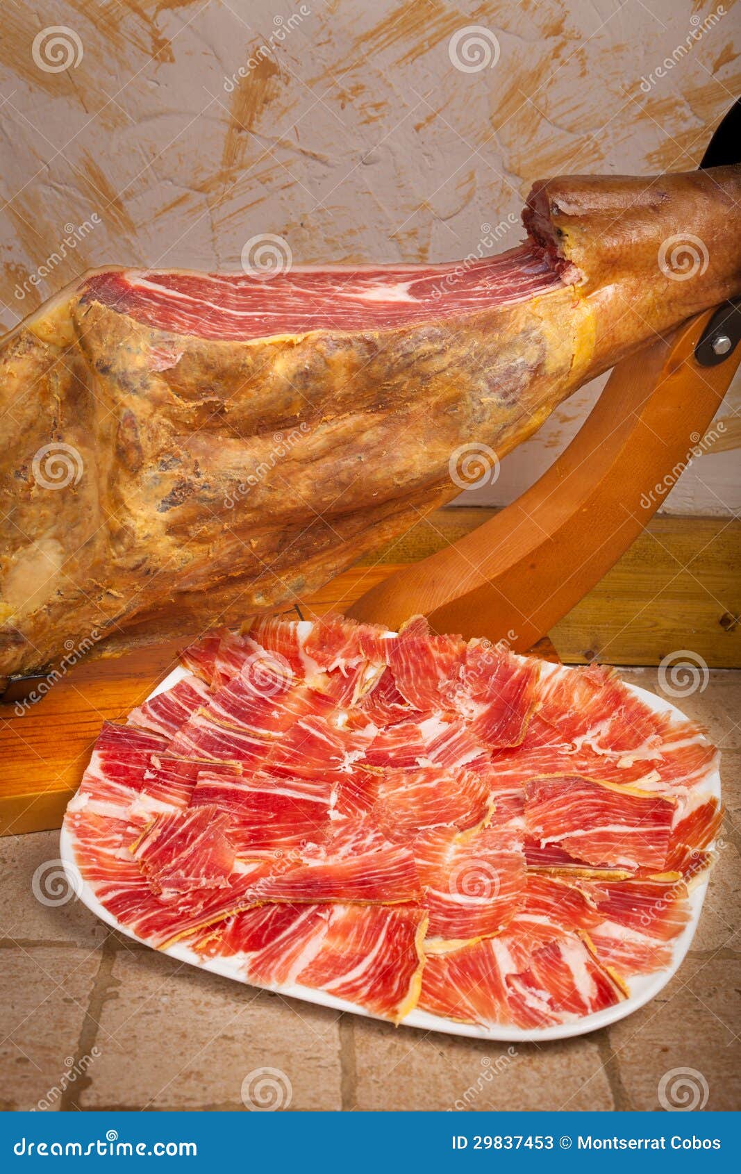 Leg and Plate of Spanish Jamon Iberico Stock Image - Image of gourmet ...
