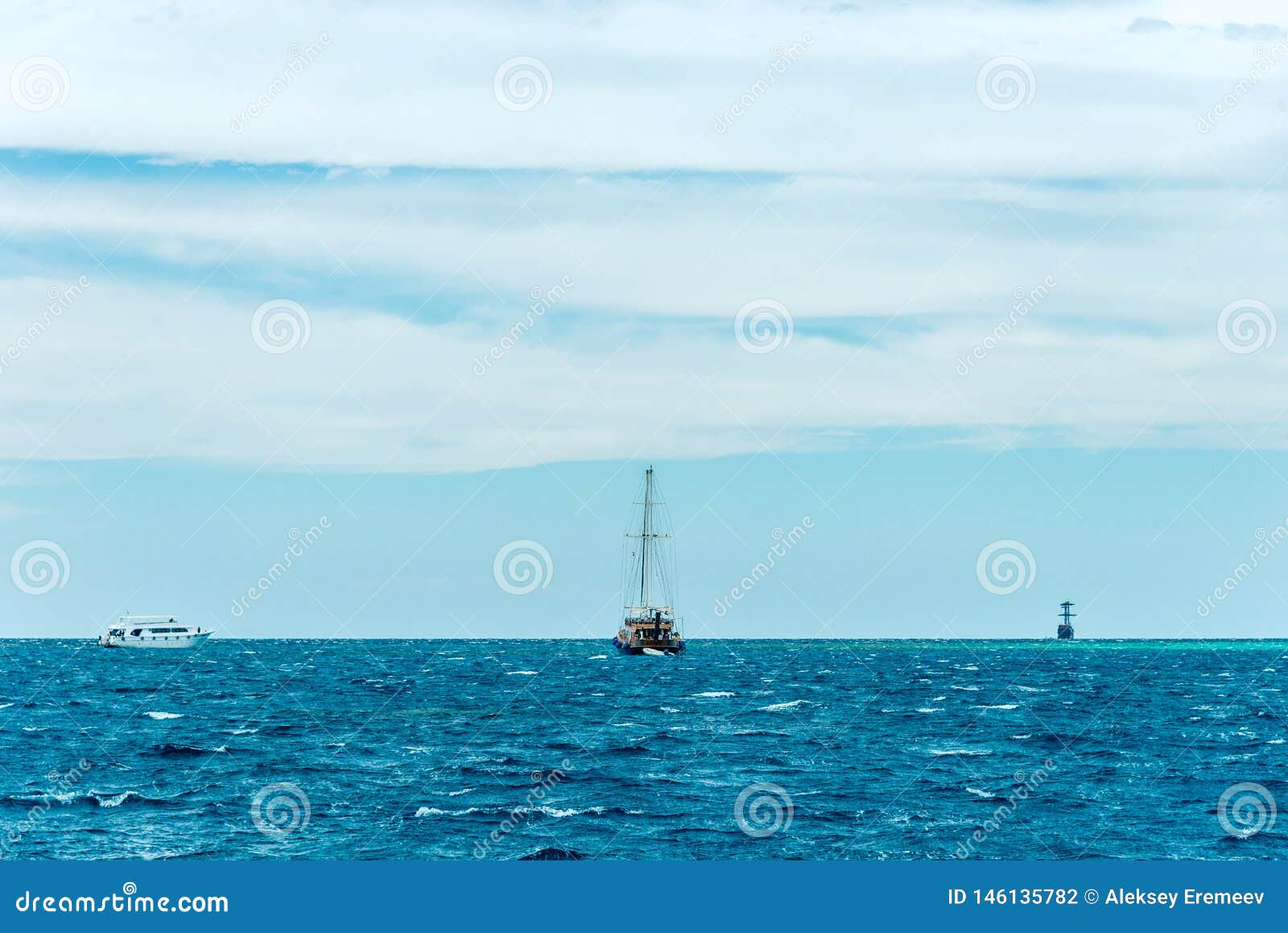 One Big Beautiful Ship on the Blue Sea. Horizontal Frame Stock Photo ...