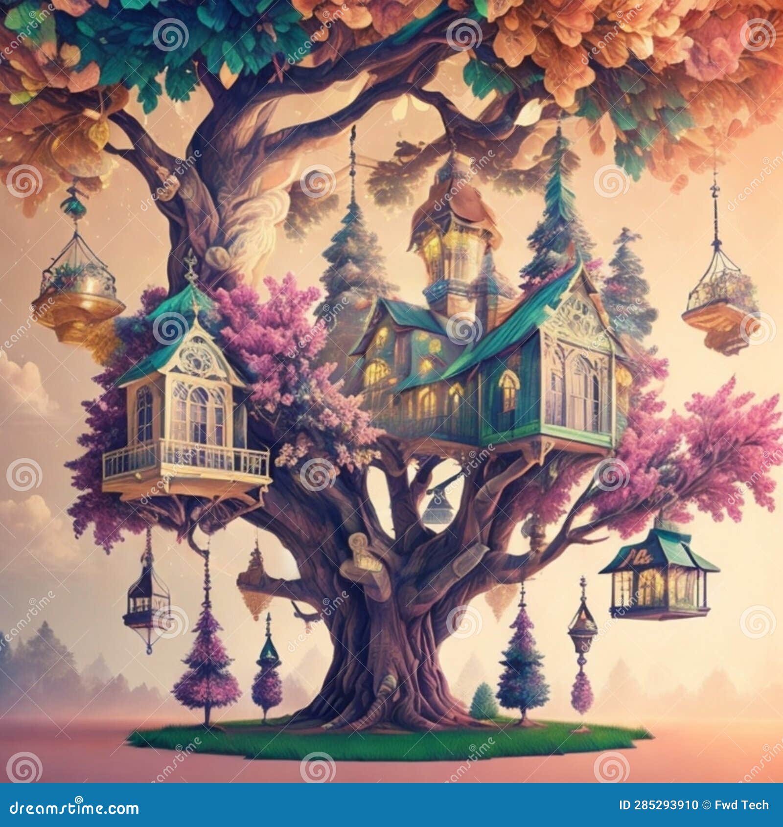 One Big Tree with Beautiful Houses on a Tree Stock Illustration ...
