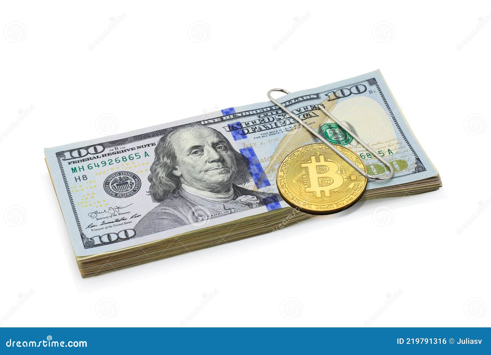 One Bitcoin and American Dollars on White Background Stock Photo ...