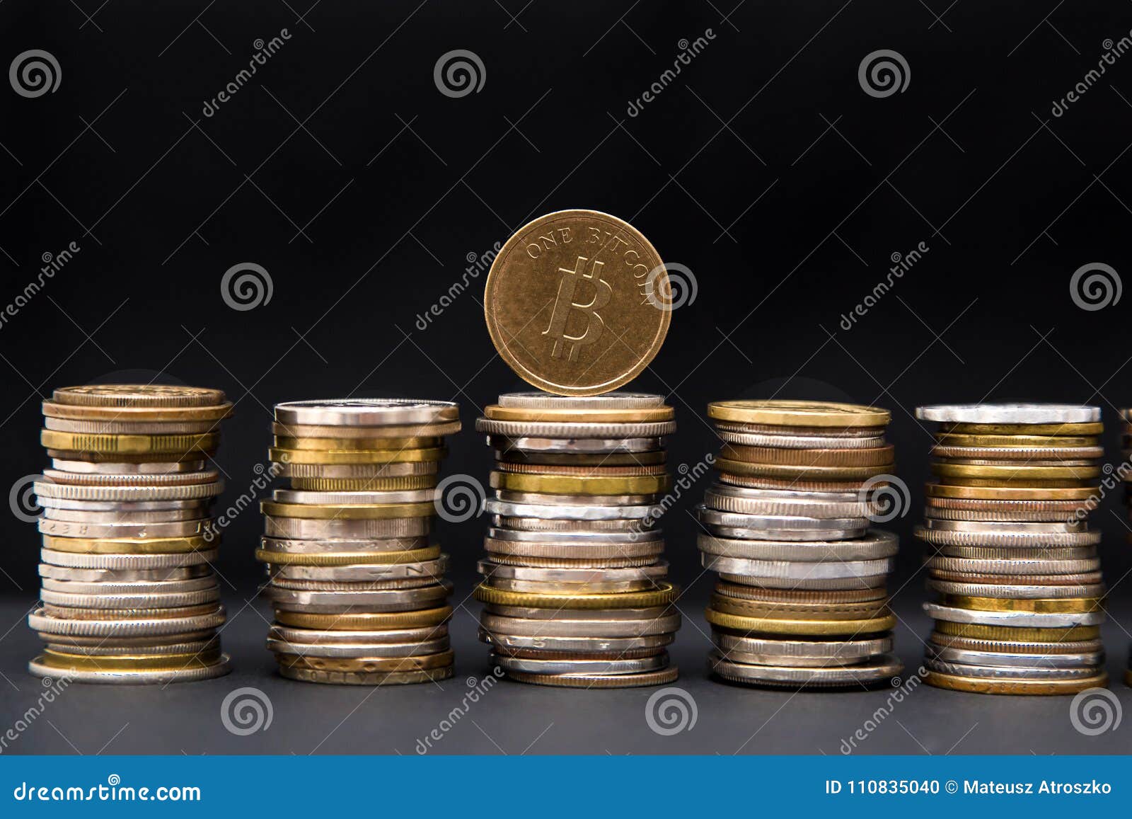 One Bitcoin Artificial Coin on Stack of Mixed Coins, on Dark Background ...