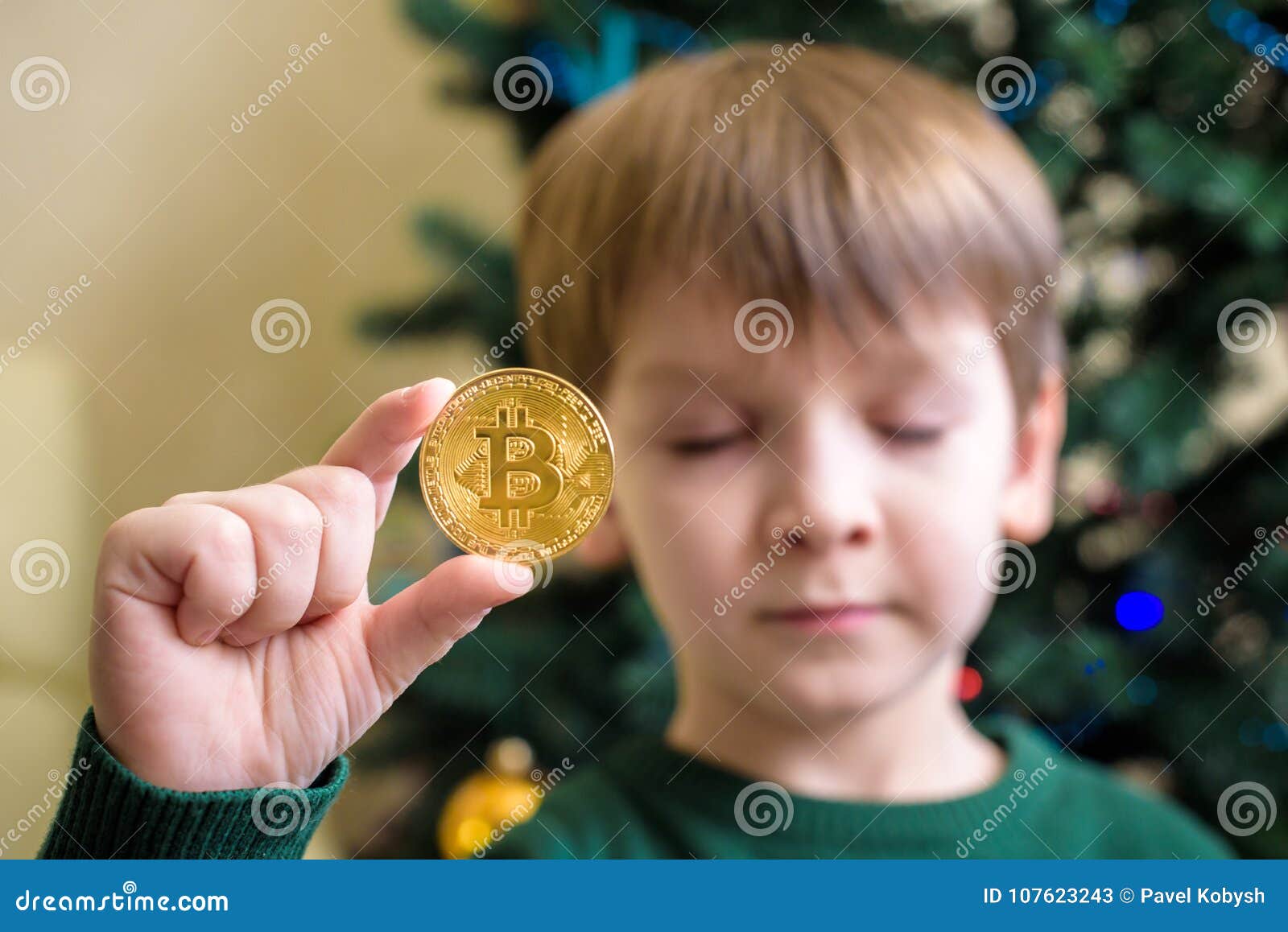 One Bitcoin in the Hand of Young Boy. Concept Stock Image - Image of ...