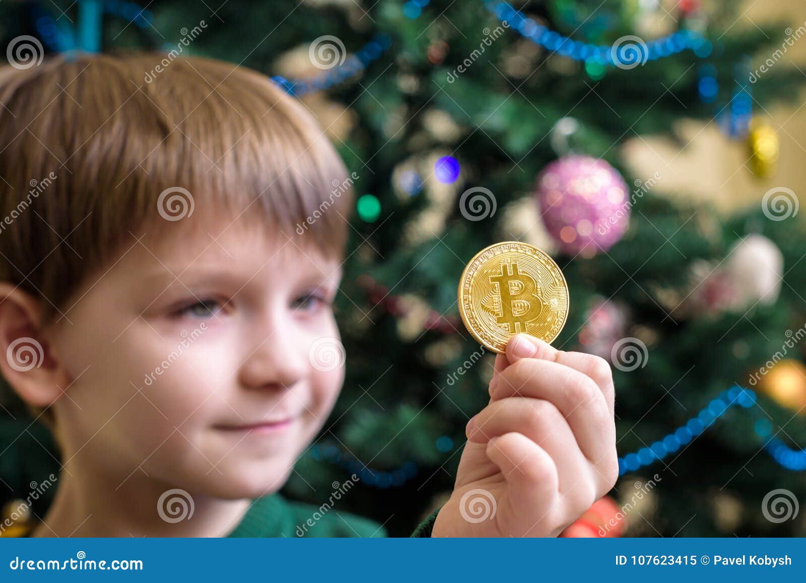 One Bitcoin in the Hand of Young Boy. Concept Stock Image - Image of ...