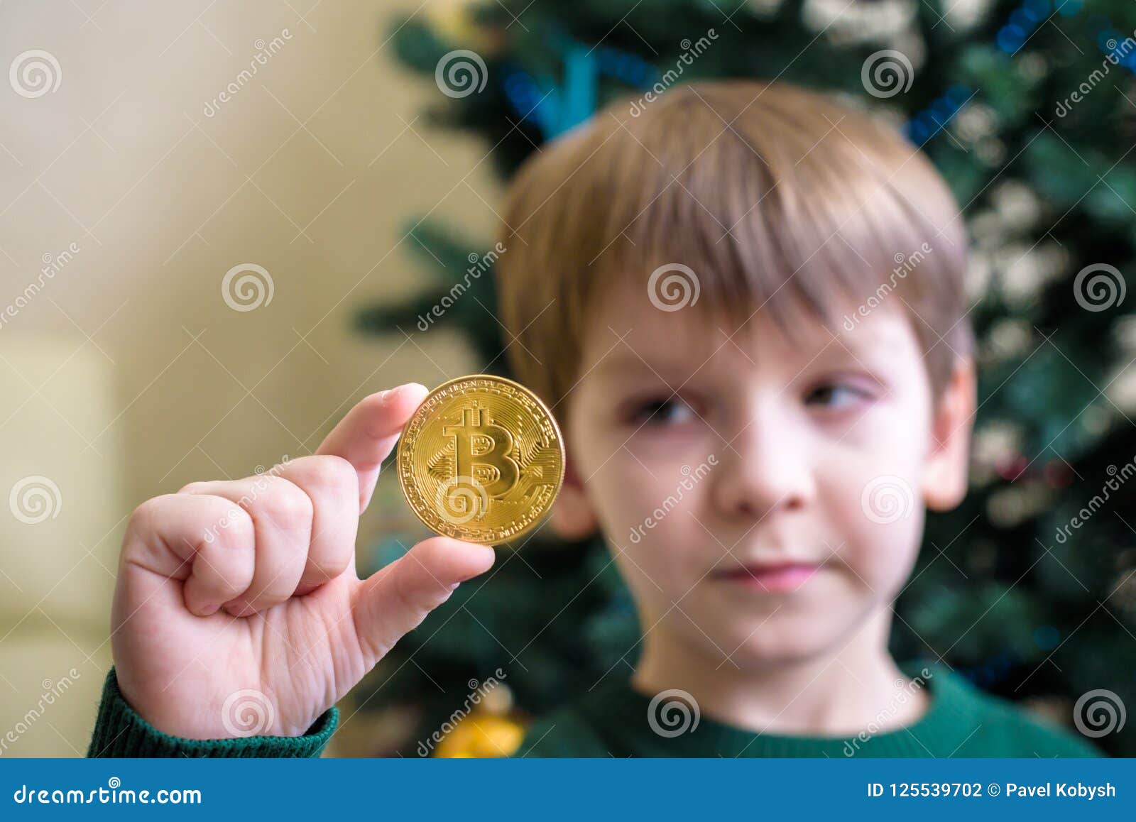 One Bitcoin in the Hand of Young Boy. Concept Stock Photo - Image of ...