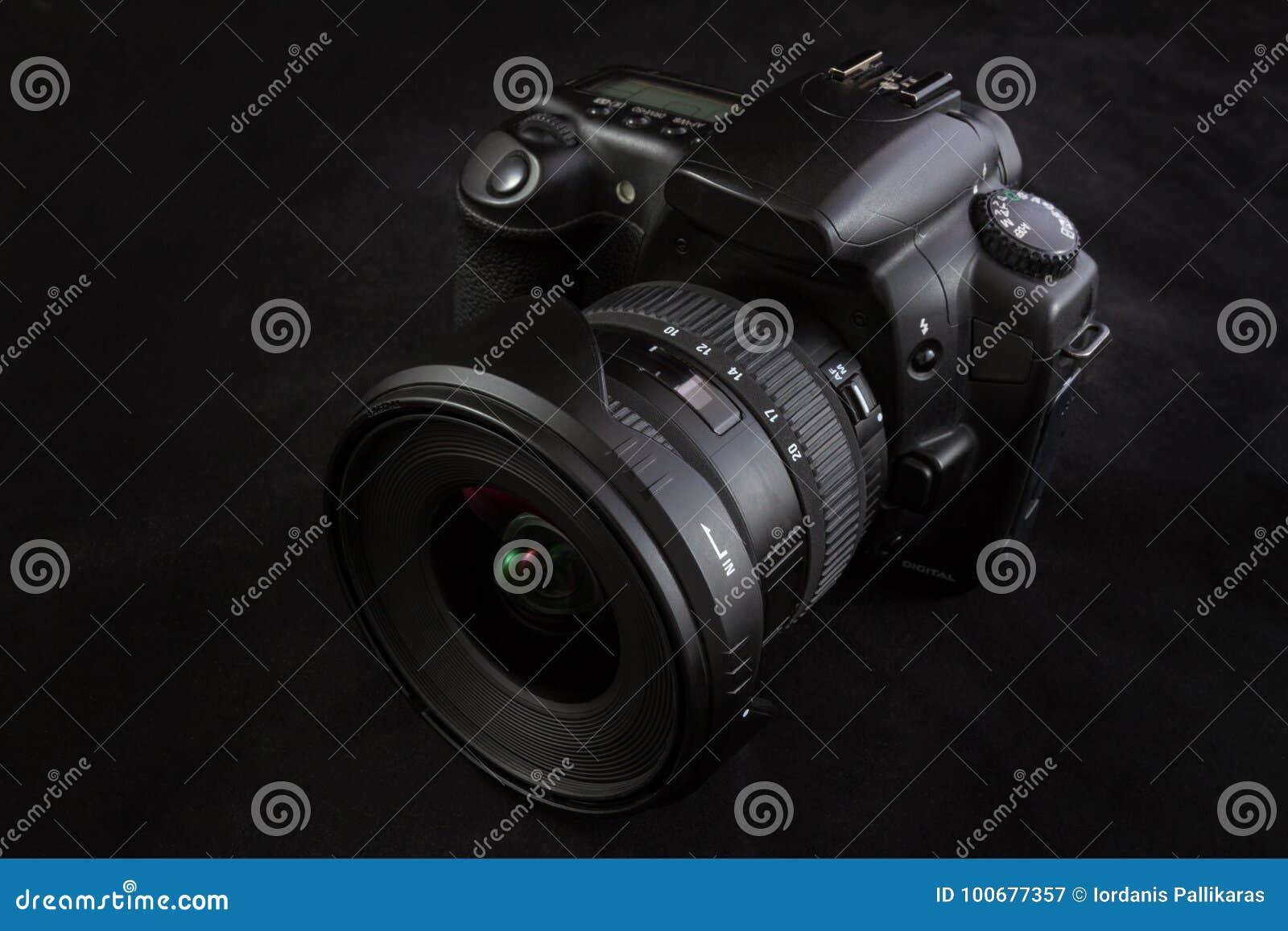 Camera with Wide Angle Lens Isolated on Black Background, Elevated ...