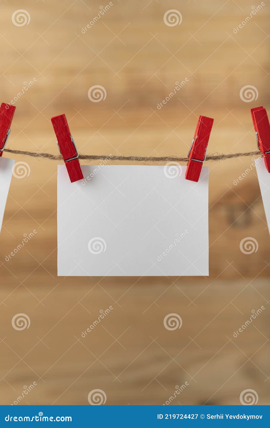 One Blank White Note Card Hanging with Clothespin on Rope String Peg ...