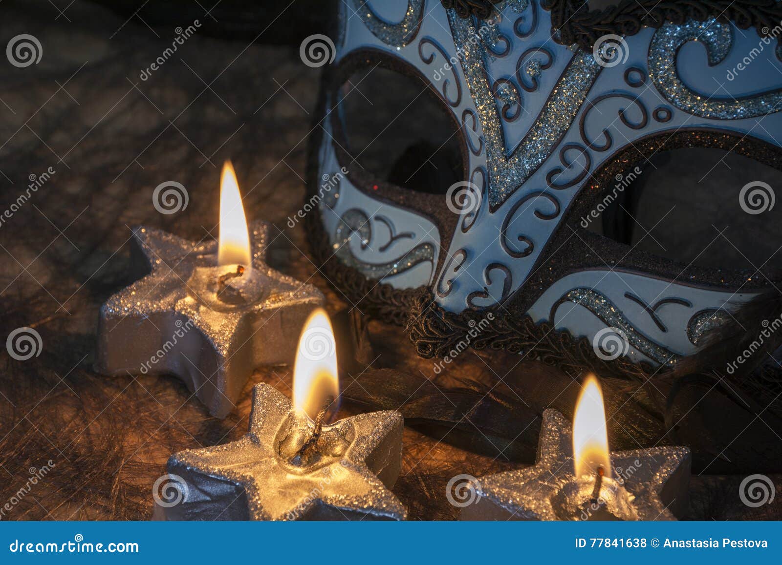 One Blue Carnival Mask with Several Lit Candles Stock Photo - Image of ...