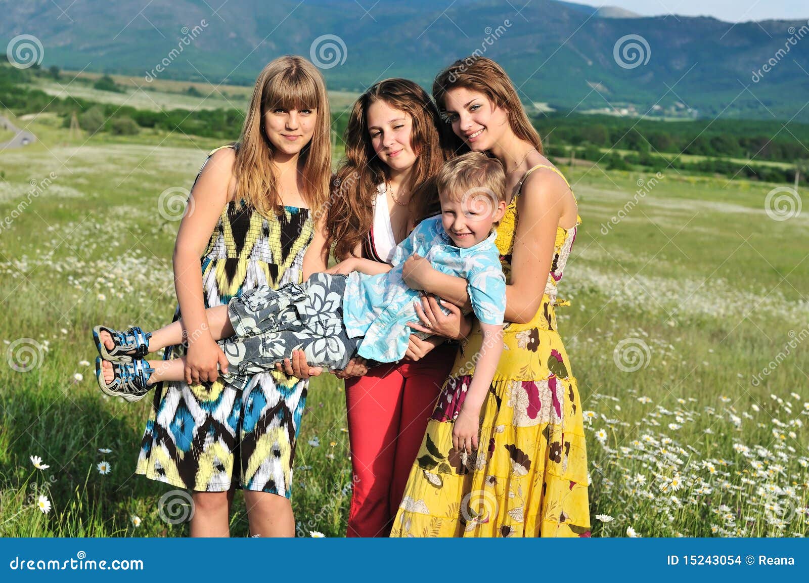 One boy for three girls stock photo. Image of relax, smile - 15243054
