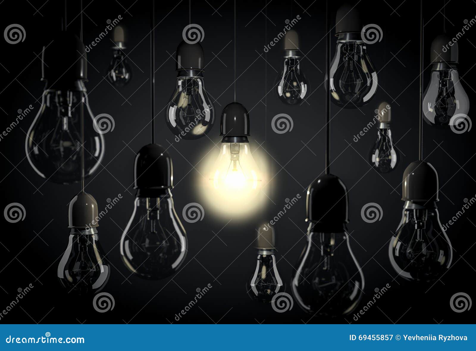 One Bulb Lighting Up Room with Hanging Light Bulbs on Wires Stock Image ...