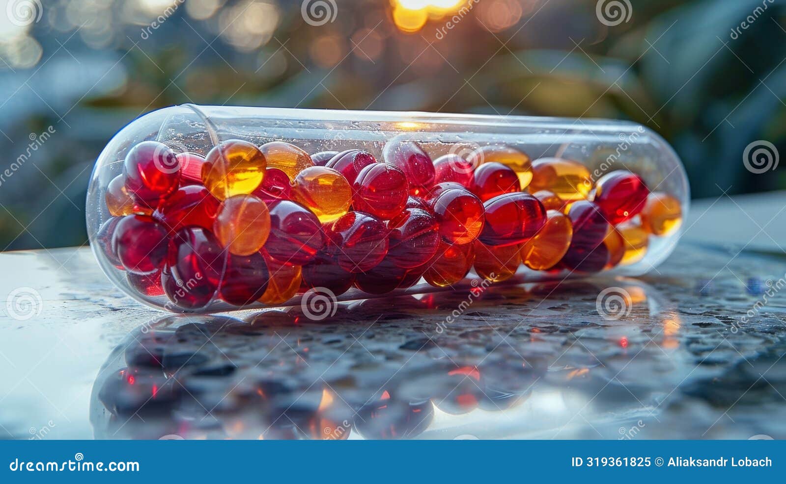 One Capsule in a Transparent Shell with Vitamin Granules Inside on the ...