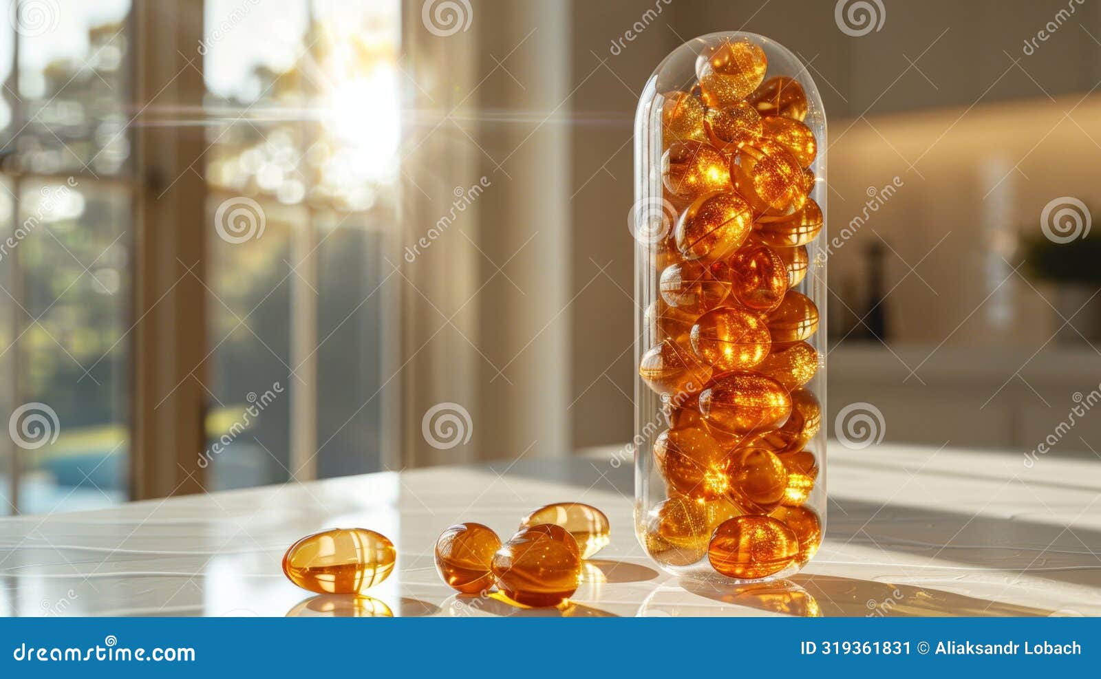 One Capsule in a Transparent Shell with Vitamin Granules Inside on the ...