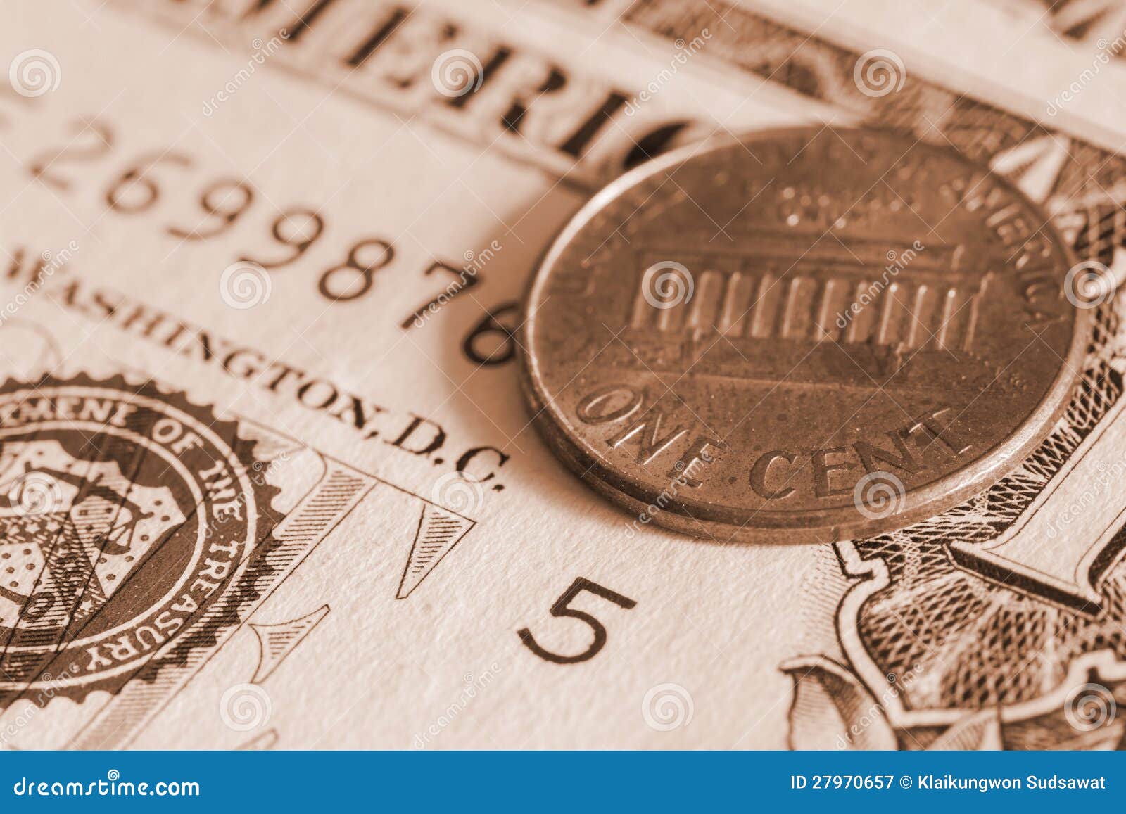 One Cent Coin on Banknote Close Up Stock Image - Image of silver ...