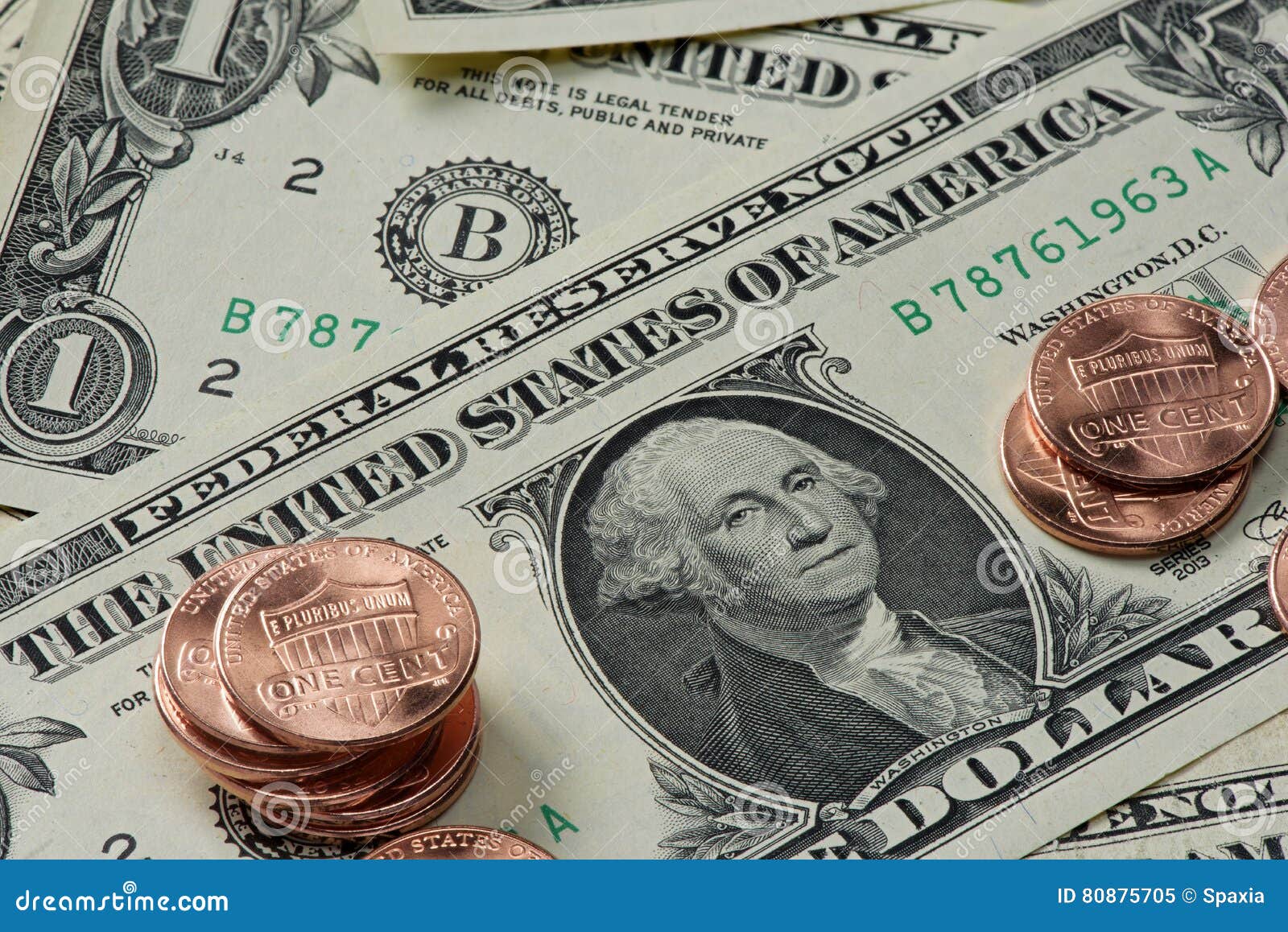 One Cent Coins and Dollar Banknotes Stock Image - Image of concept ...