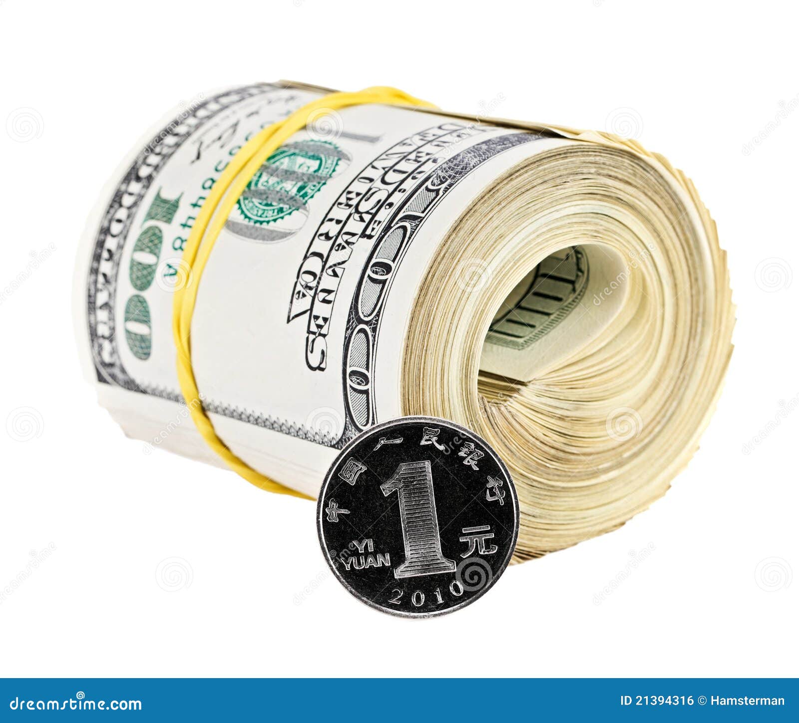 One Chinese Yuan Coin Versus Bundle of US Dollars Stock Photo - Image ...