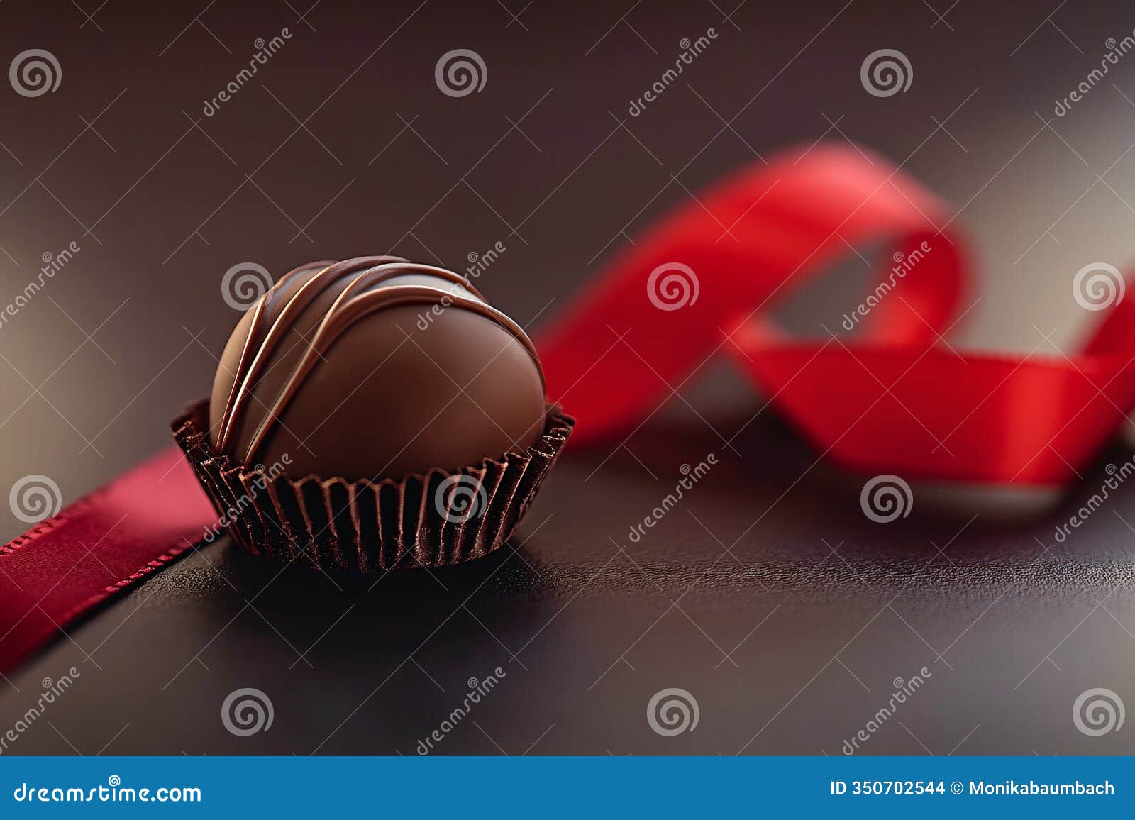 One Chocolate Covered Praline With Red Silk Ribbon Stock Photo ...