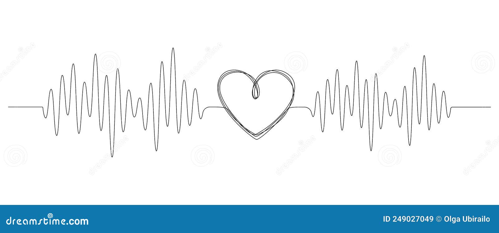 One Continuous Line Drawing of Doodle Heart with Pulse. Sound Wave ...