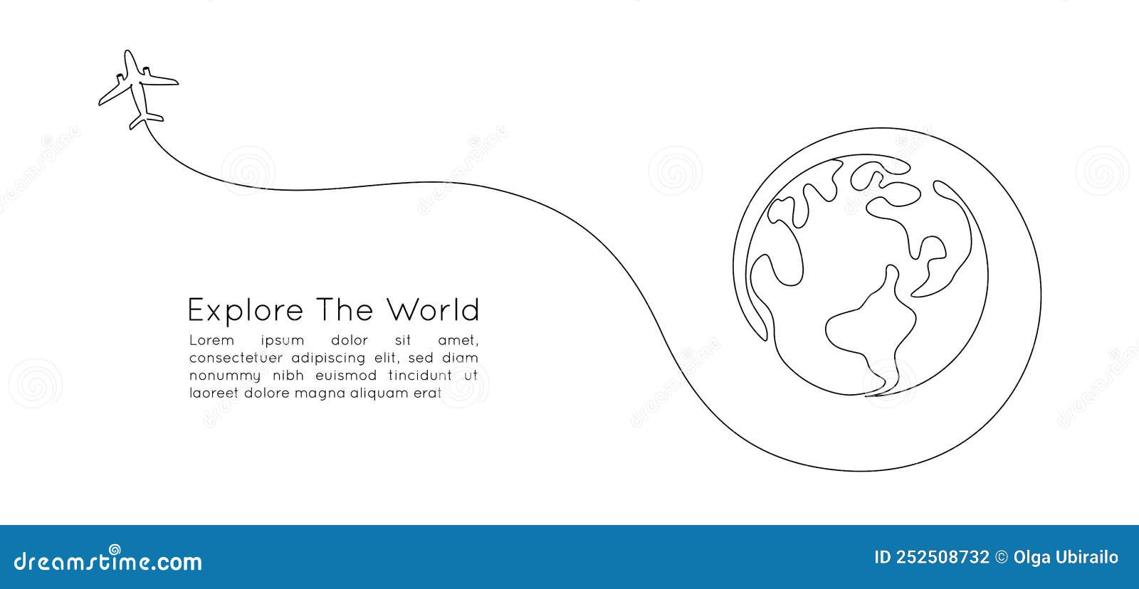 One Continuous Line Drawing of Earth Globe with Airplane. Flight Route ...