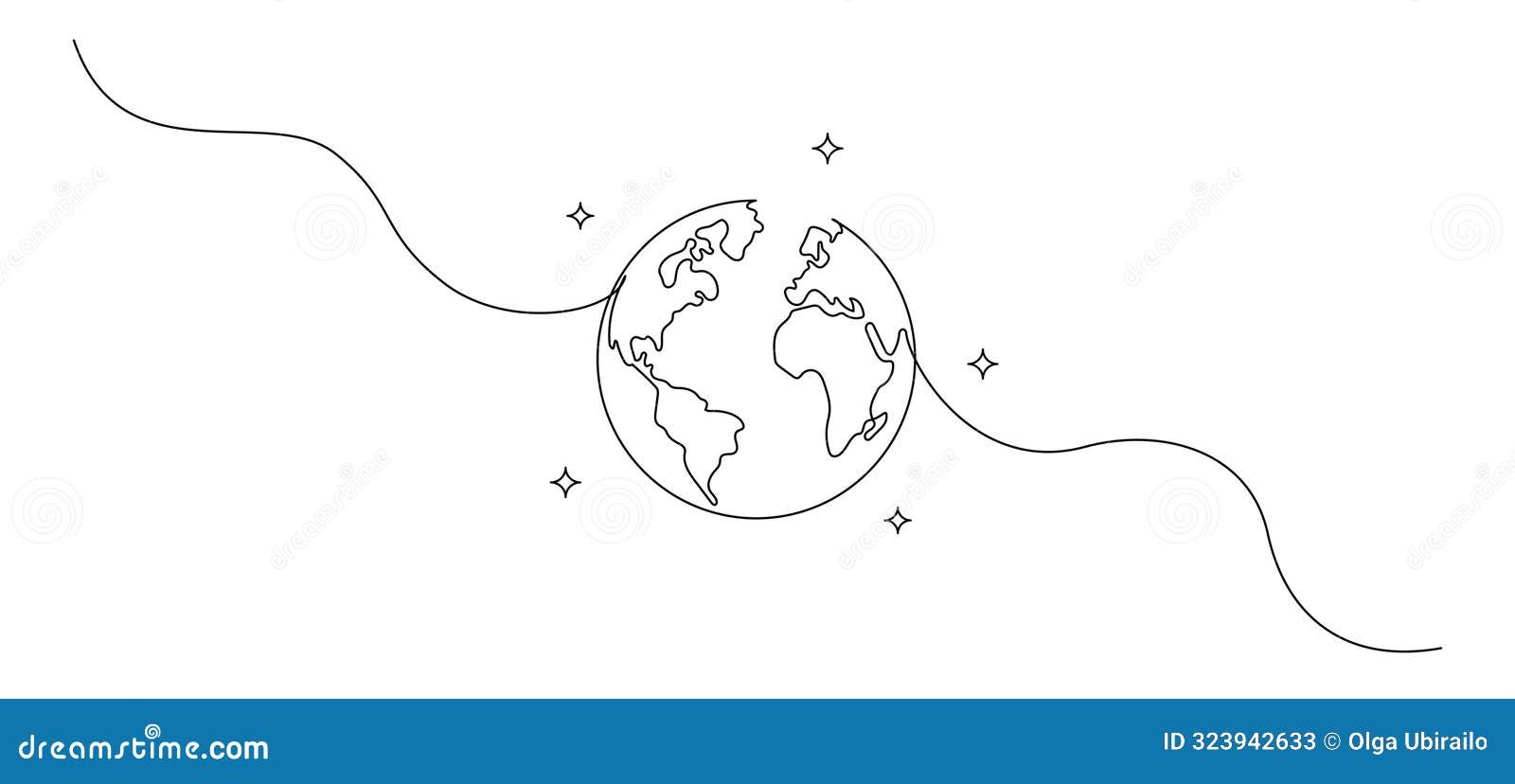 One Continuous Line Drawing of Earth Globe in Outer Space. World Map ...