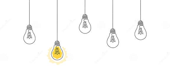 One Continuous Line Drawing of Hanging Light Bulbs with One Shining ...