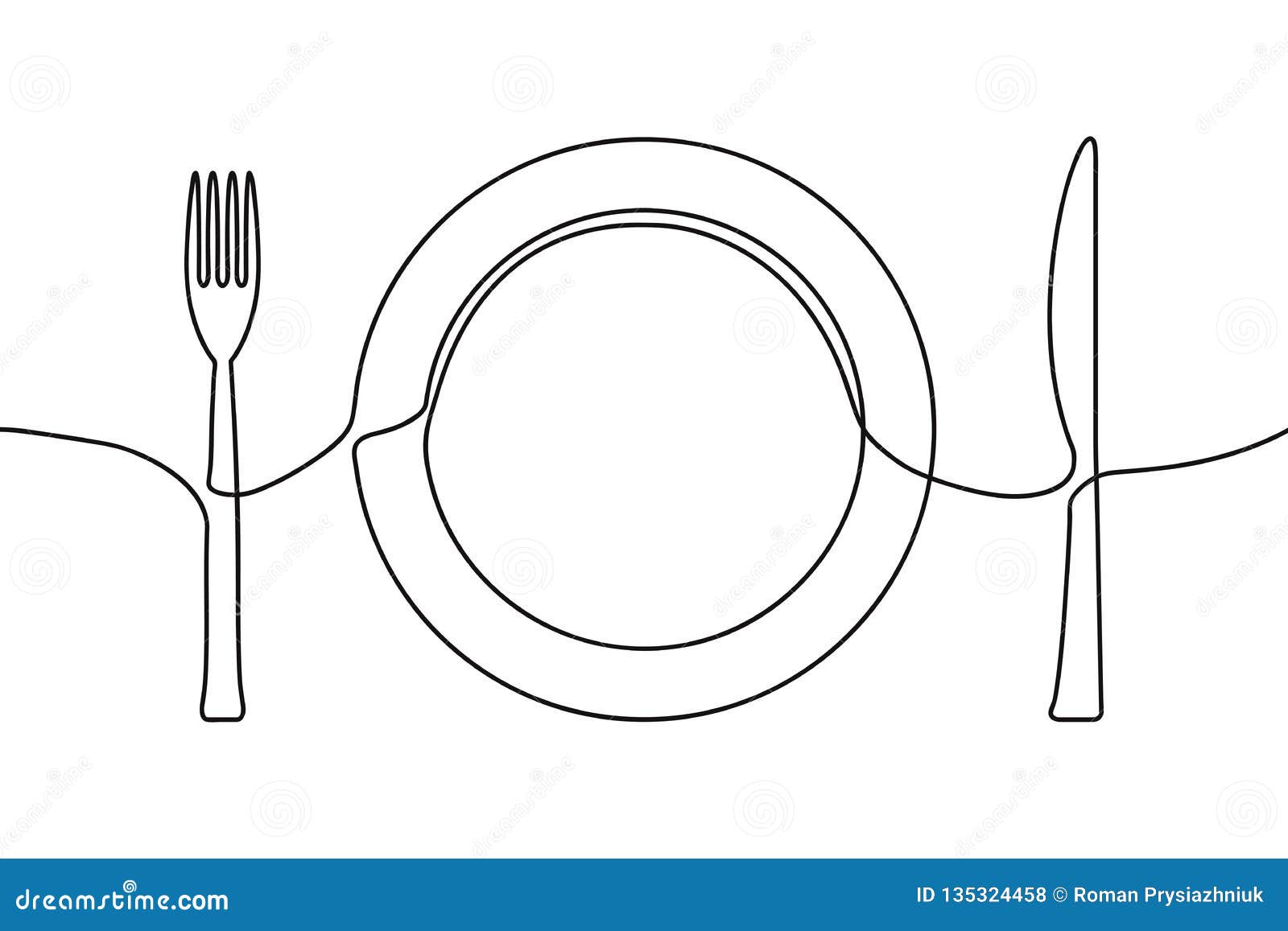 One Continuous Line Illustration of Plate, Knife and Fork. Stock Vector ...