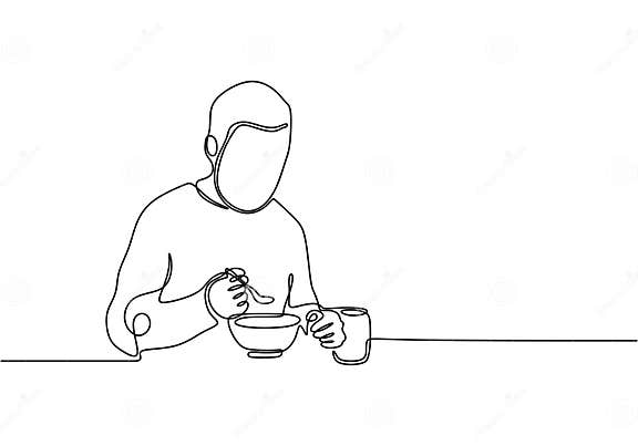 One Continuous Line Vector Drawing of a Man Eating Soup Stock Vector ...