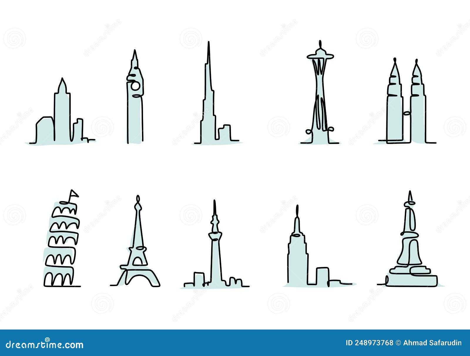 One Continuous Single Line of Four Famous Buildings Isolated on White ... One Continuous Single Line of Four Famous Buildings Isolated on White ...