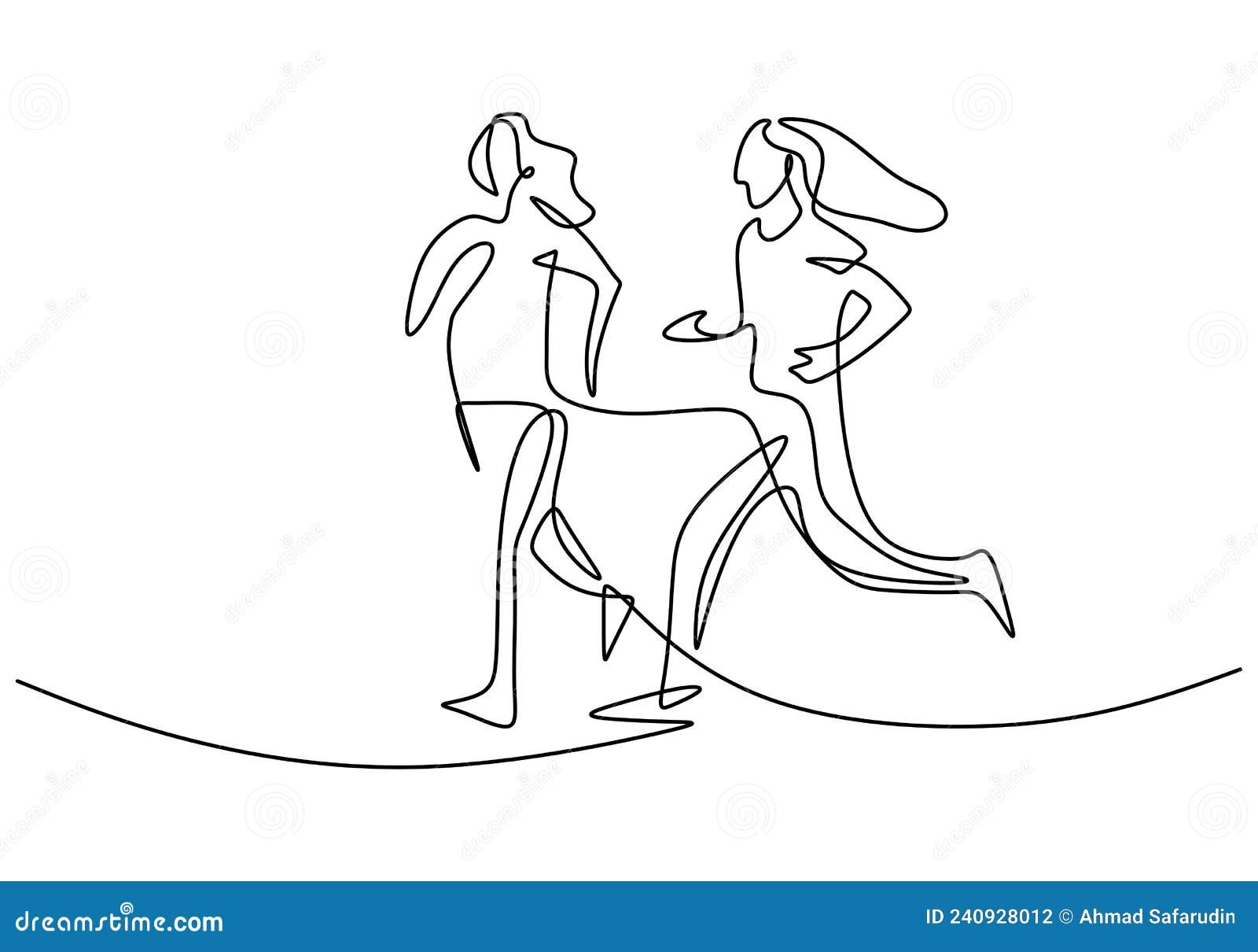 One Continuous Single Line of Two Young Girls Jogging or Running ...