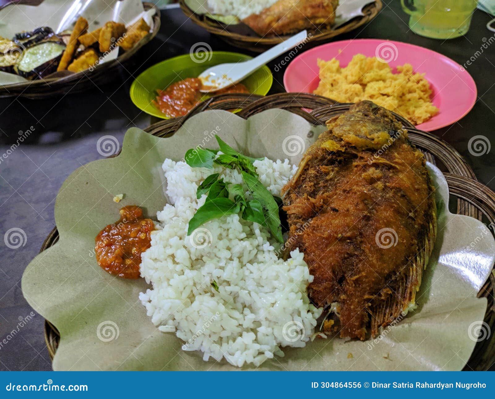 Pecel Lele, An Indonesian Street Food Consist Of Rice, Fried Catfish ...