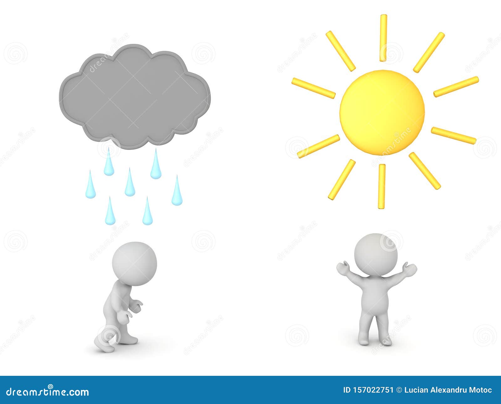 One 3D Character is Under Raincloud while Another in Under a Sun Stock ...