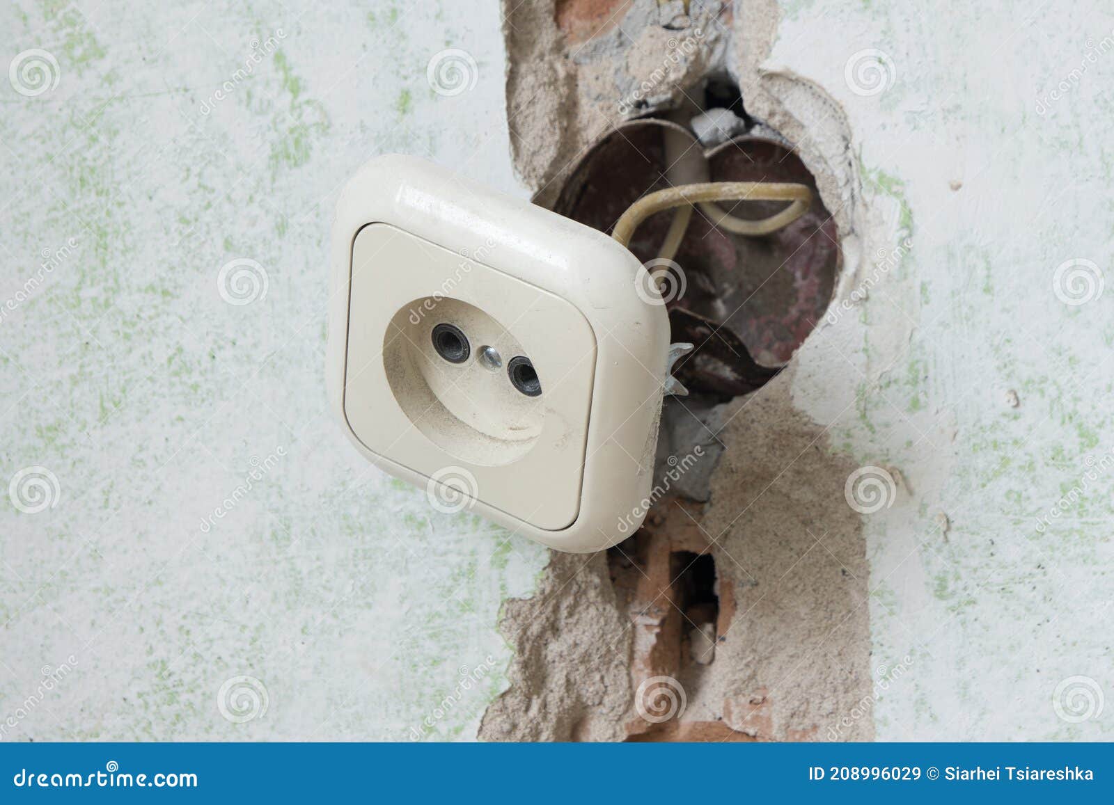 One Danger Outlet Fell Out of the Wall Stock Image - Image of equipment ...