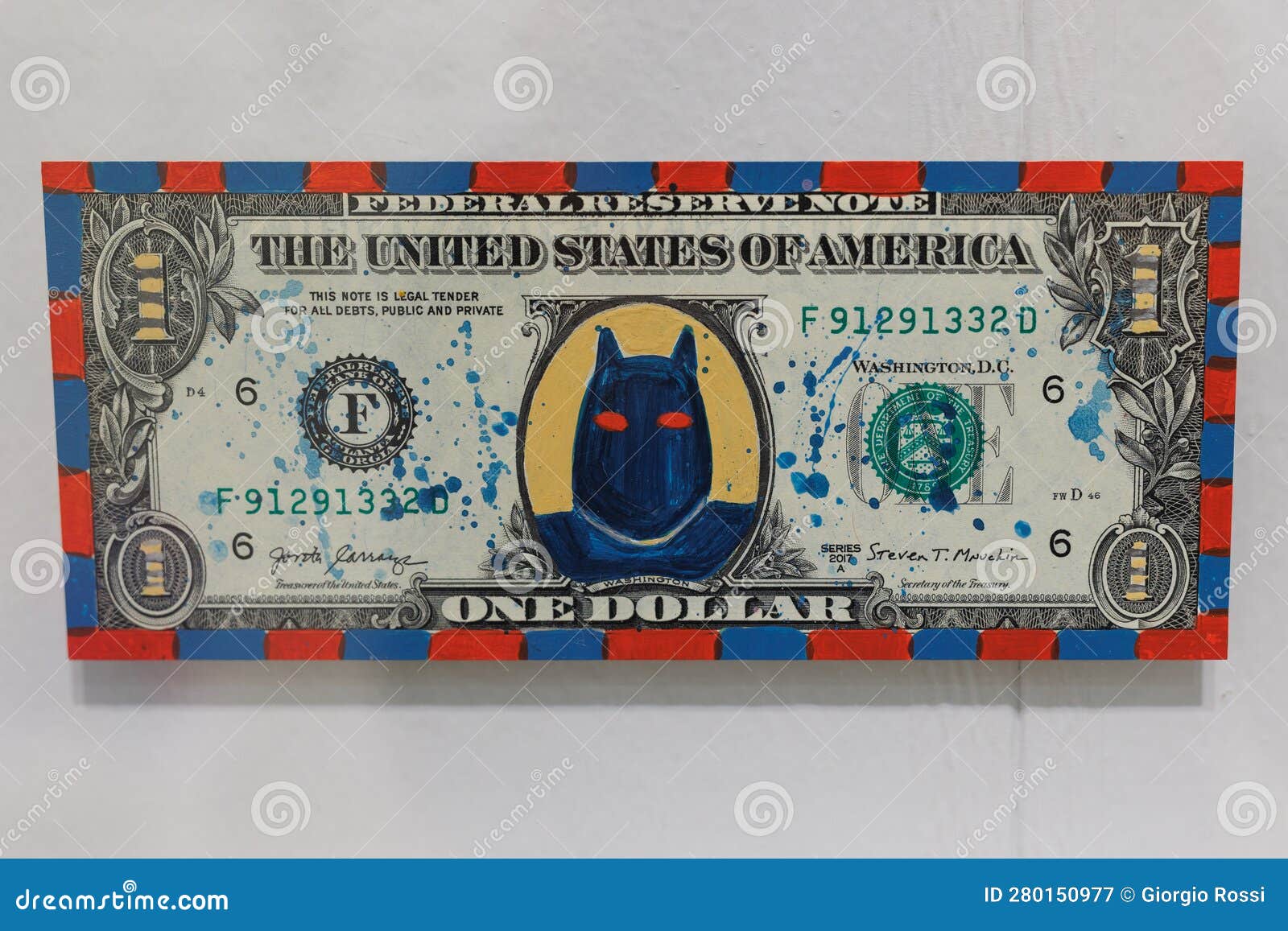 One Dollar Banknote Stained with Blue Ink and with a Masked Hero Drawn ...