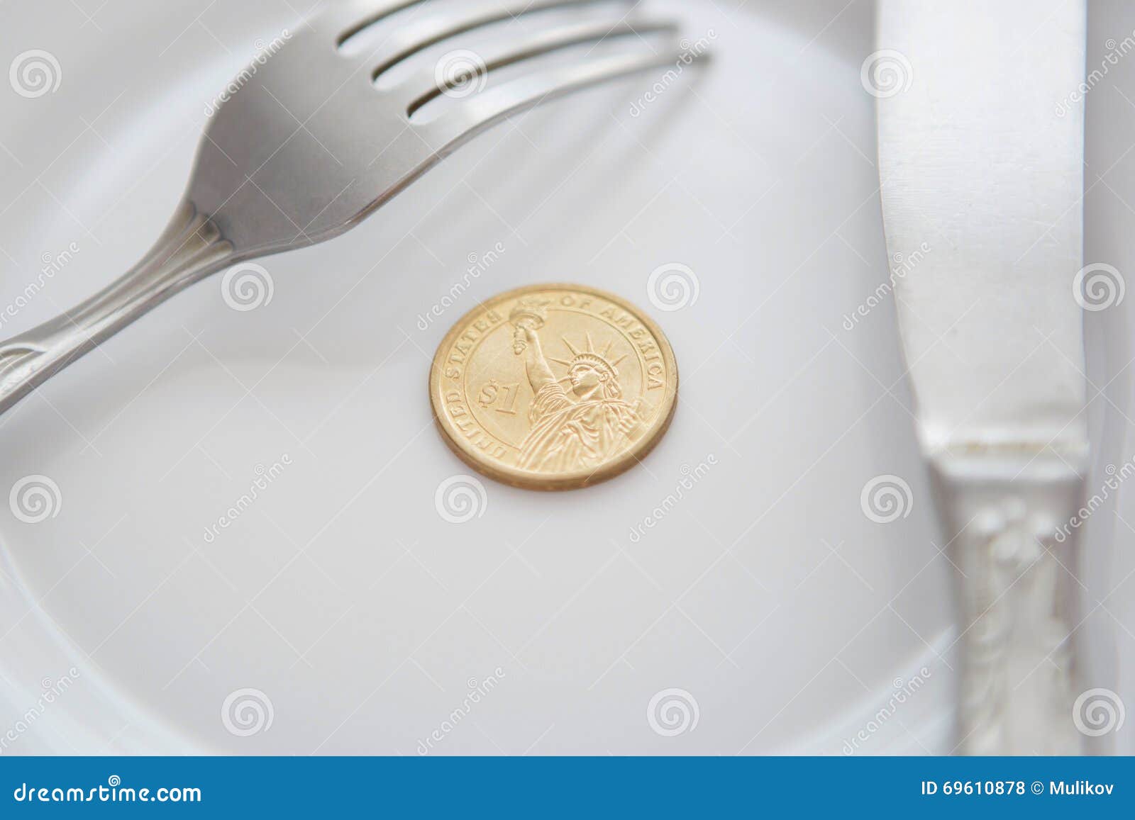 One Dollar Coin on a White Plate Stock Photo - Image of breakfast, cook ...
