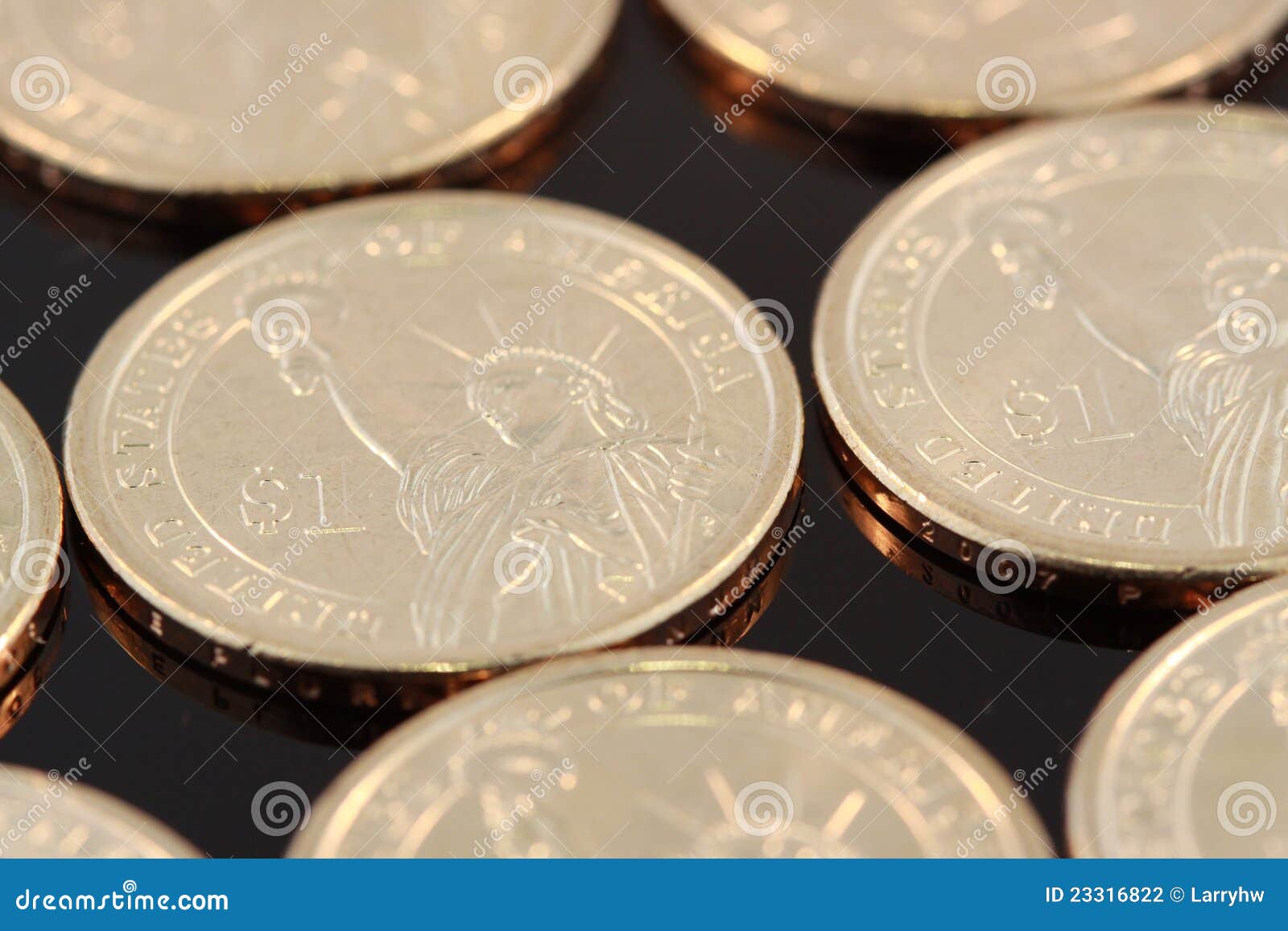 One dollar gold coins stock photo. Image of inscription - 23316822