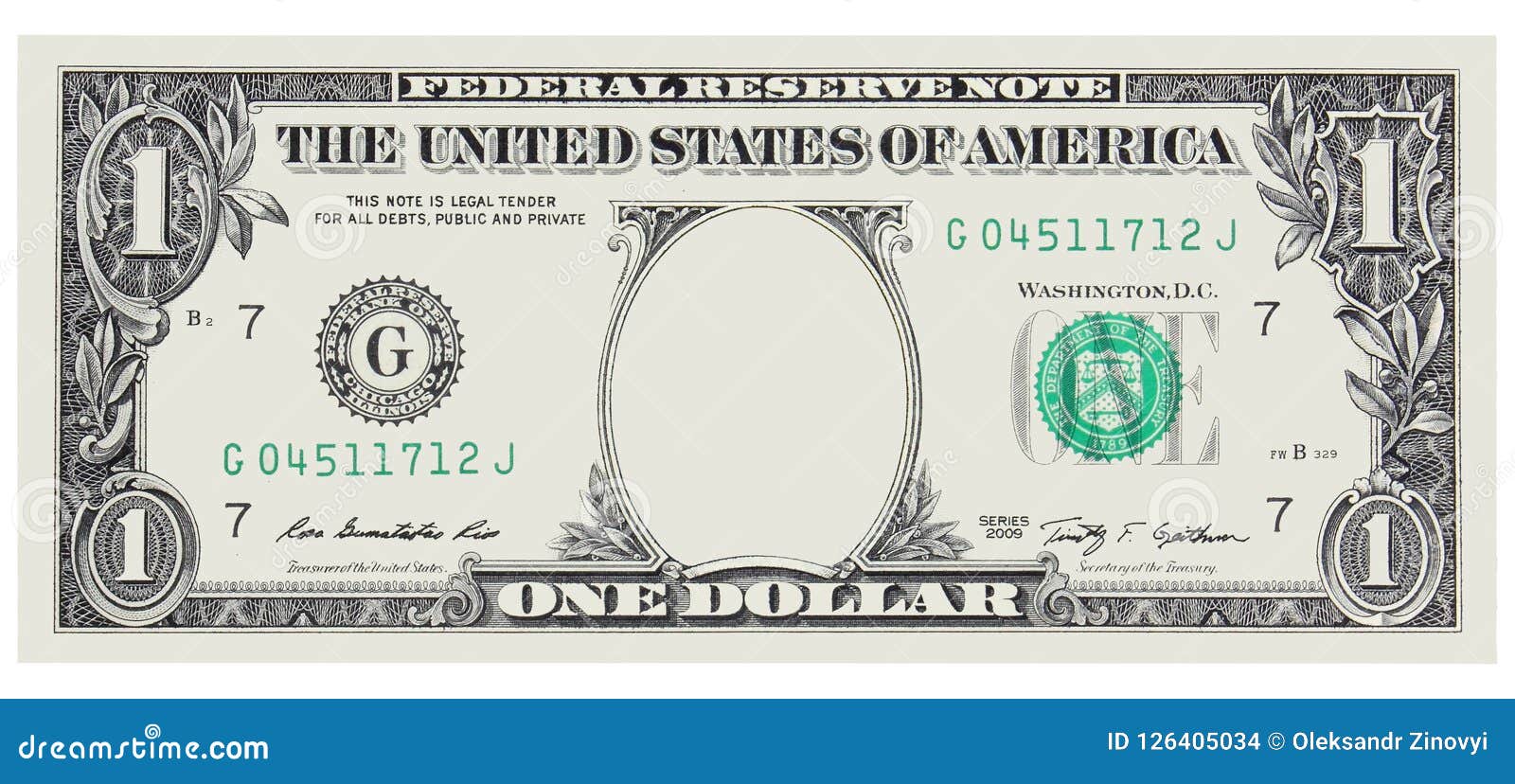 1 Dollar Bill Front with No Face Frame for Design Isolated on White ...