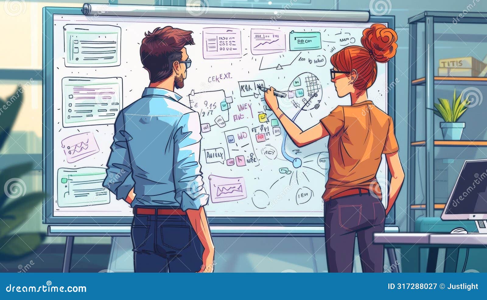 One Employee Carefully Studies a Detailed Diagram on a Whiteboard ...