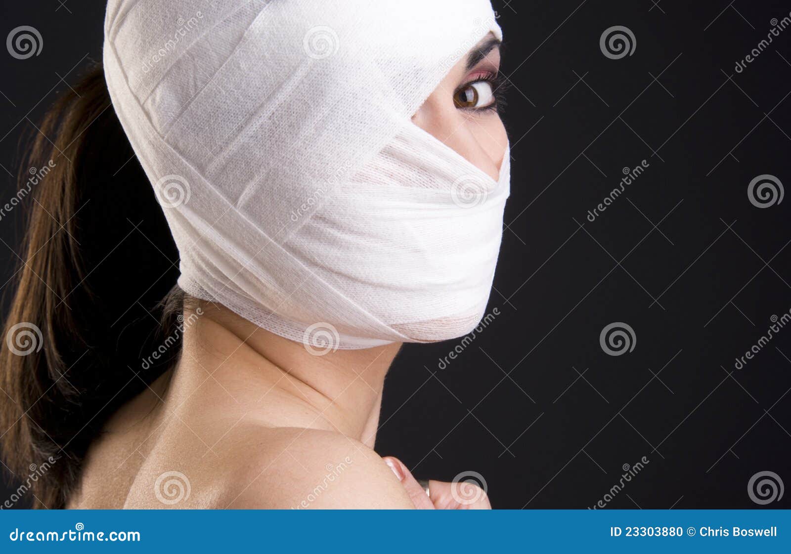 One Eye Open Woman Head Injury Bandaged Stock Photo - Image of ...