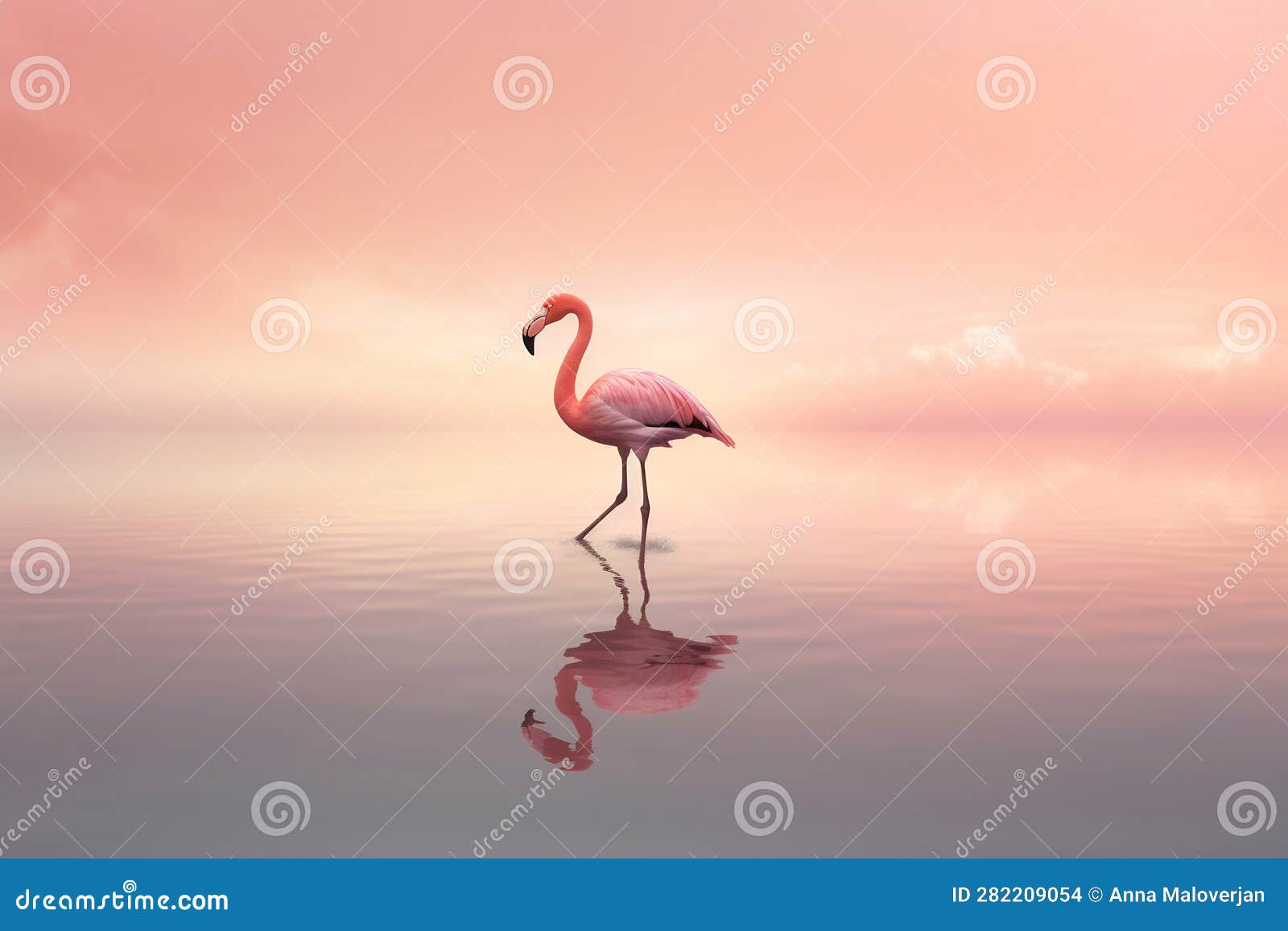 One Flamingo Standing Peacefully Alone in the Water by Cloudy Sunset ...